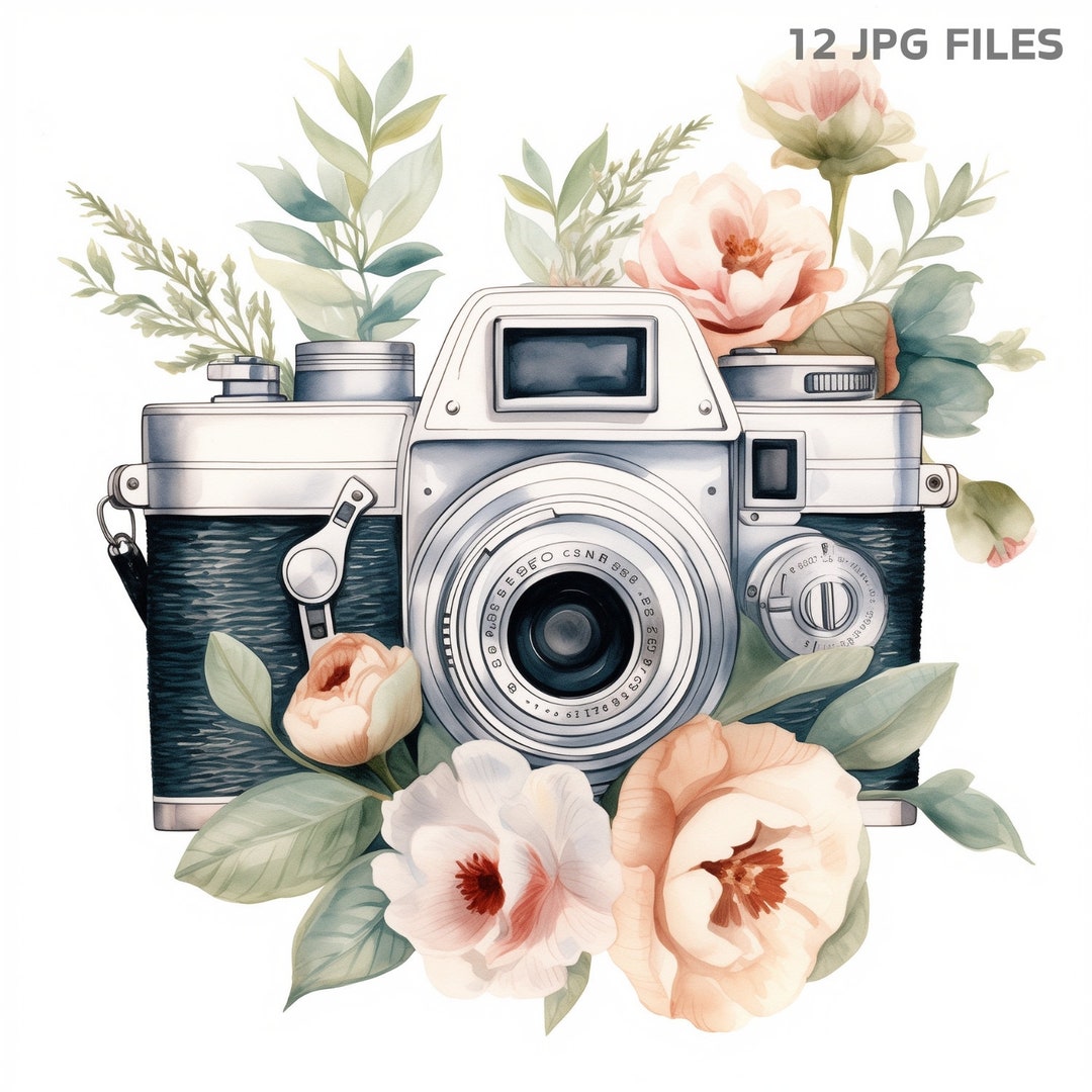 12 Retro Camera Clipart, Watercolor Flowers Digital Printable for ...