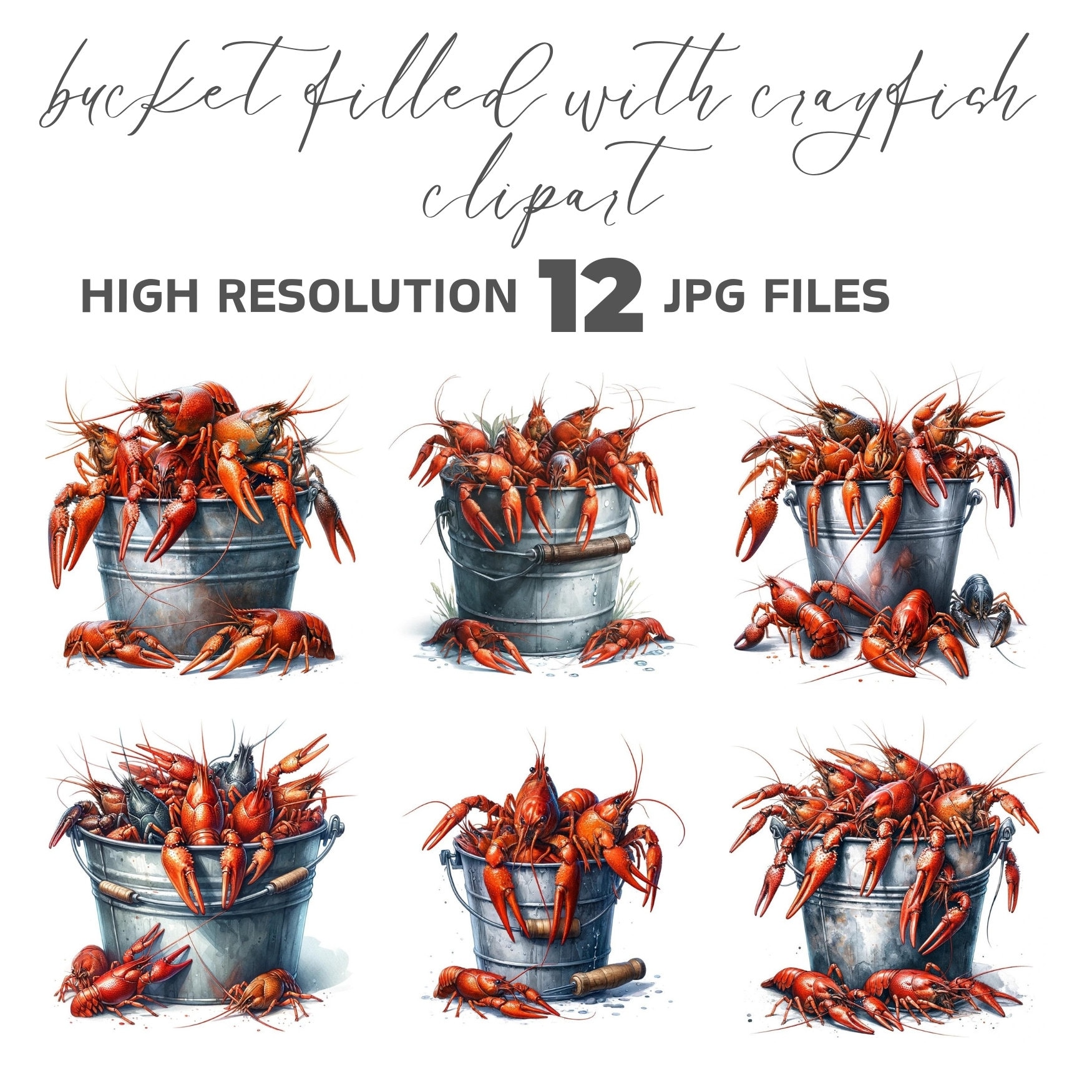 Bucket of Crayfish, Digital Scrapbook Images Bundle, Watercolor Clipart ...