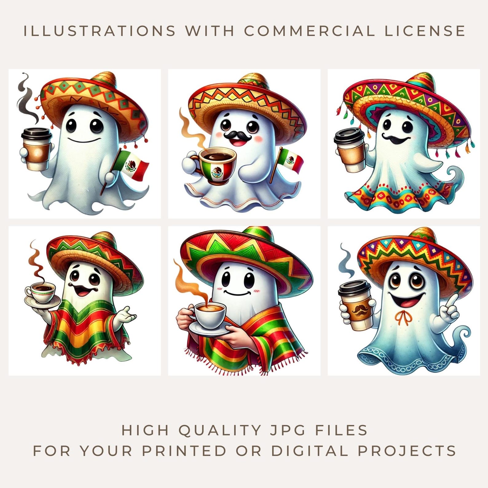 Funny Mexican Ghost With Coffee Cup Clipart, Cute Spanglish Ghost ...