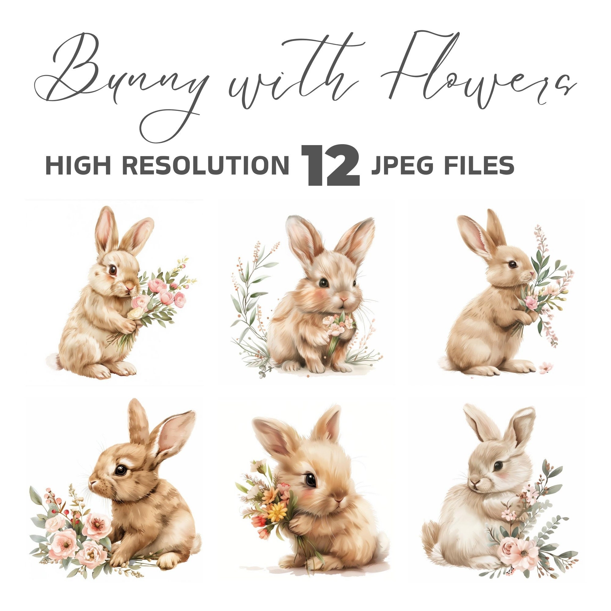 12 Watercolor Bunny Clipart, Instant Download, Digital Spring Clipart ...