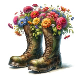 10 Watercolor Flower Boots Clipart for Commercial Use, Botanical Floral ...