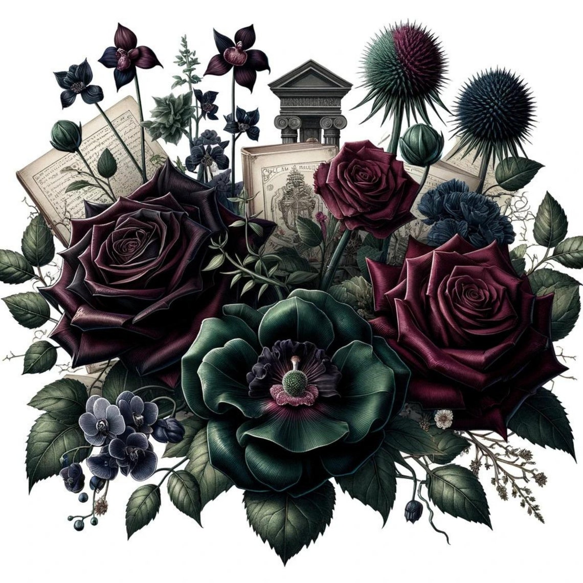 Gothic Flowers Watercolor Clipart, Commercial Use, Black Roses Clipart ...