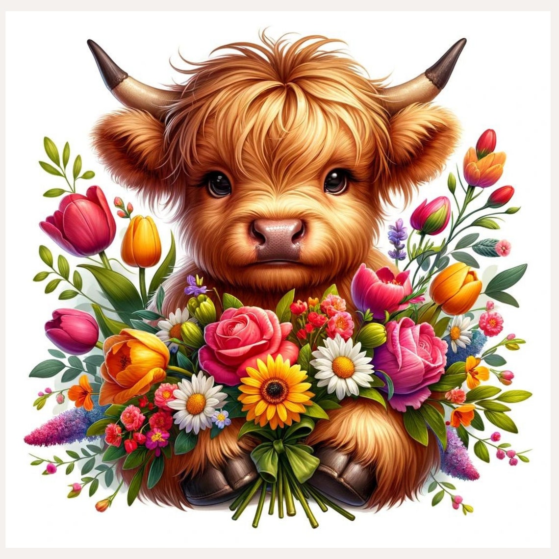 11 Highland Cow With Flowers, Farm Images Instant Download for Junk ...