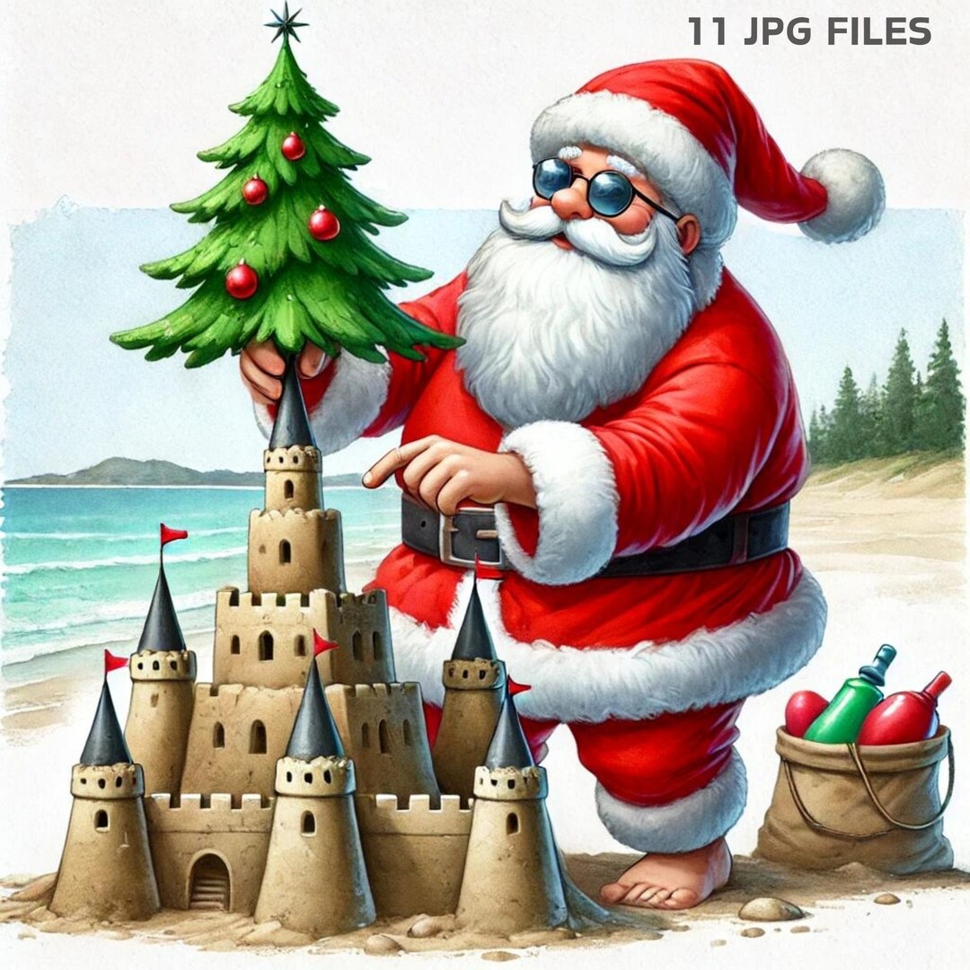 Santa Building a Sandcastle Christmas Tree Clipart, Winter Holiday ...