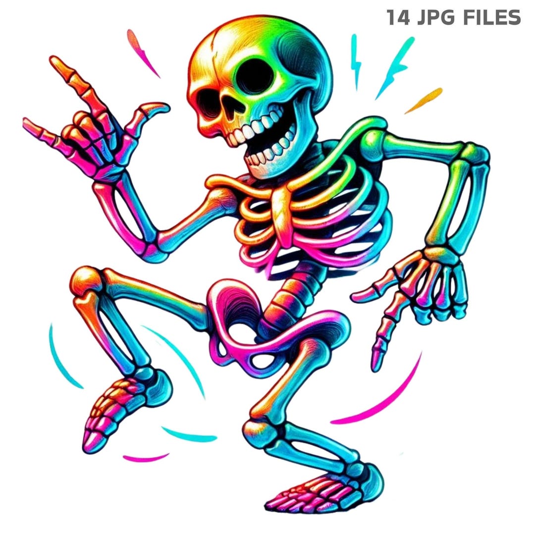 Funny Neon Dancing Skeleton Clipart, Halloween Skeletons for Party ...