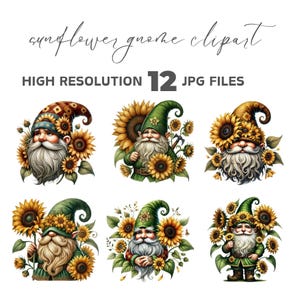 Sunflower Gnomes Clipart Bundle, Digital Crafting, Watercolor Summer ...