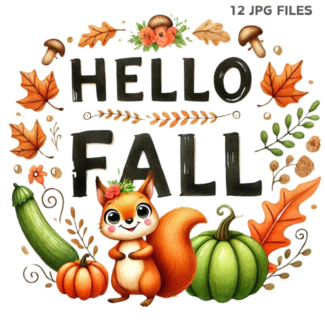 Hello Fall Pumpkin Clipart Bundle, Digital Download Images, Fall Leaves ...