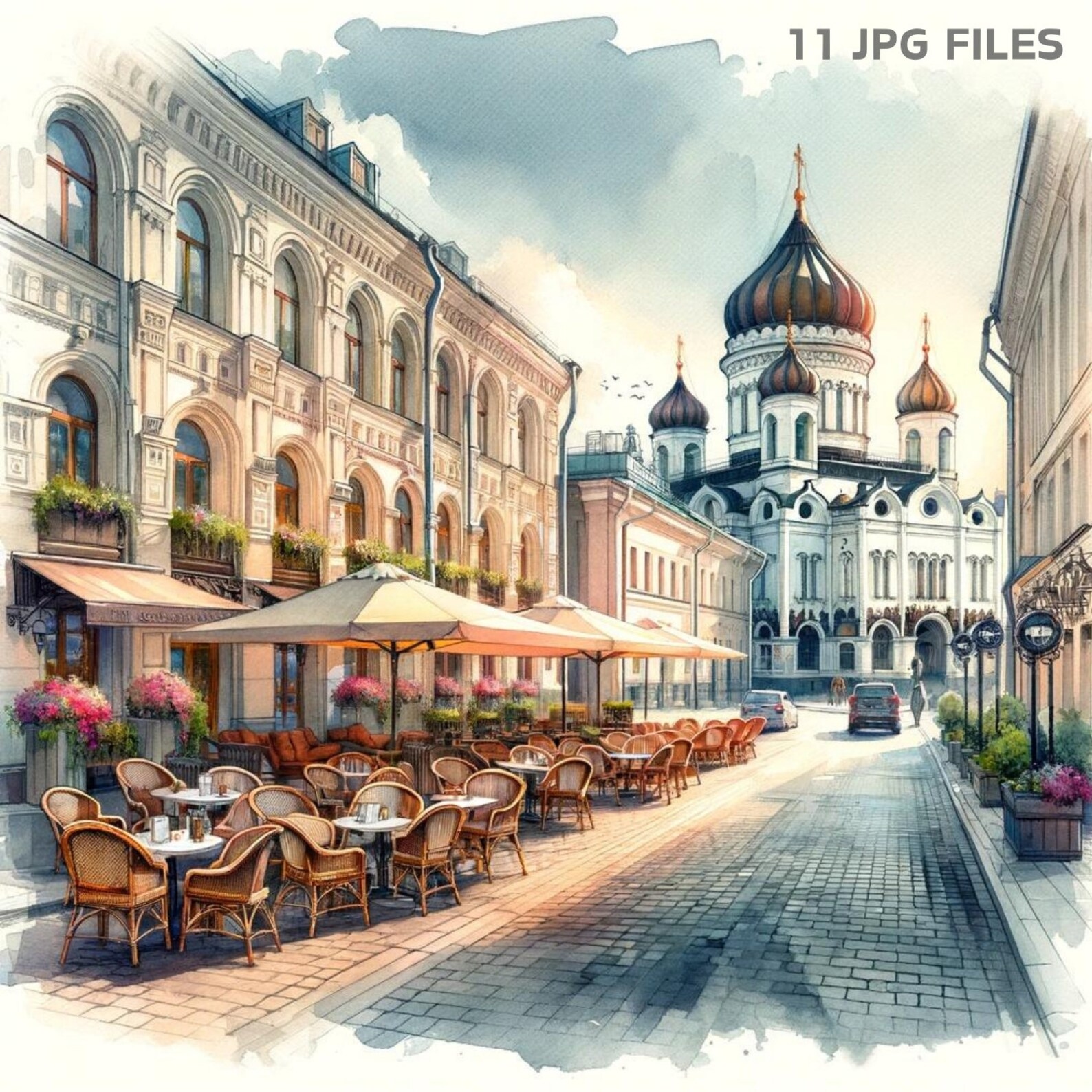 11 Watercolor Cityscape & Cafe in Europe Street JPG Files for ...