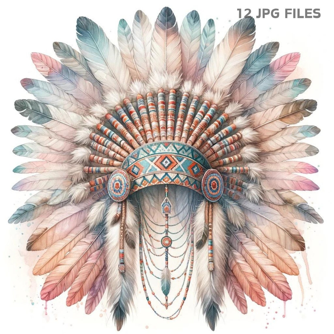 Printable Indian Headdress Scrapbook Images, Watercolor American Indian ...