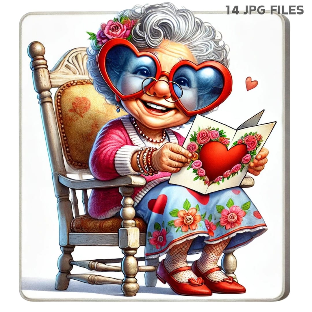 Funny Grandma Valentine Clipart, Cheerful Cartoon Lady With Heart ...