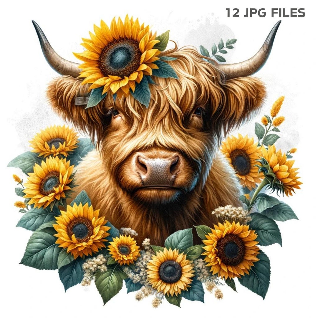 Highland Cow and Sunflower Watercolor Clipart Set, Digital Download for ...