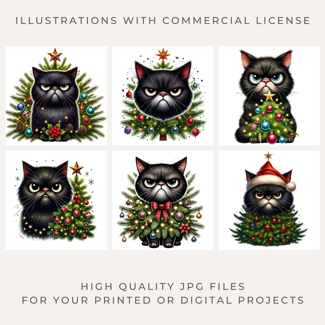 Grumpy Black Cat Christmas Clipart, Funny Design, Digital Download ...