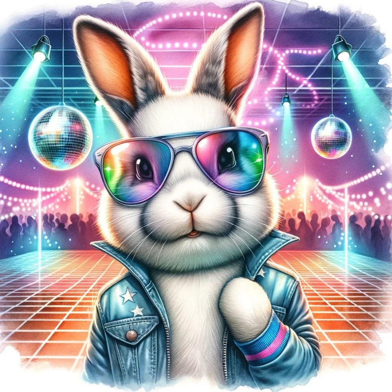 Neon Disco Bunny Watercolor Clipart Set, Digital Download for ...