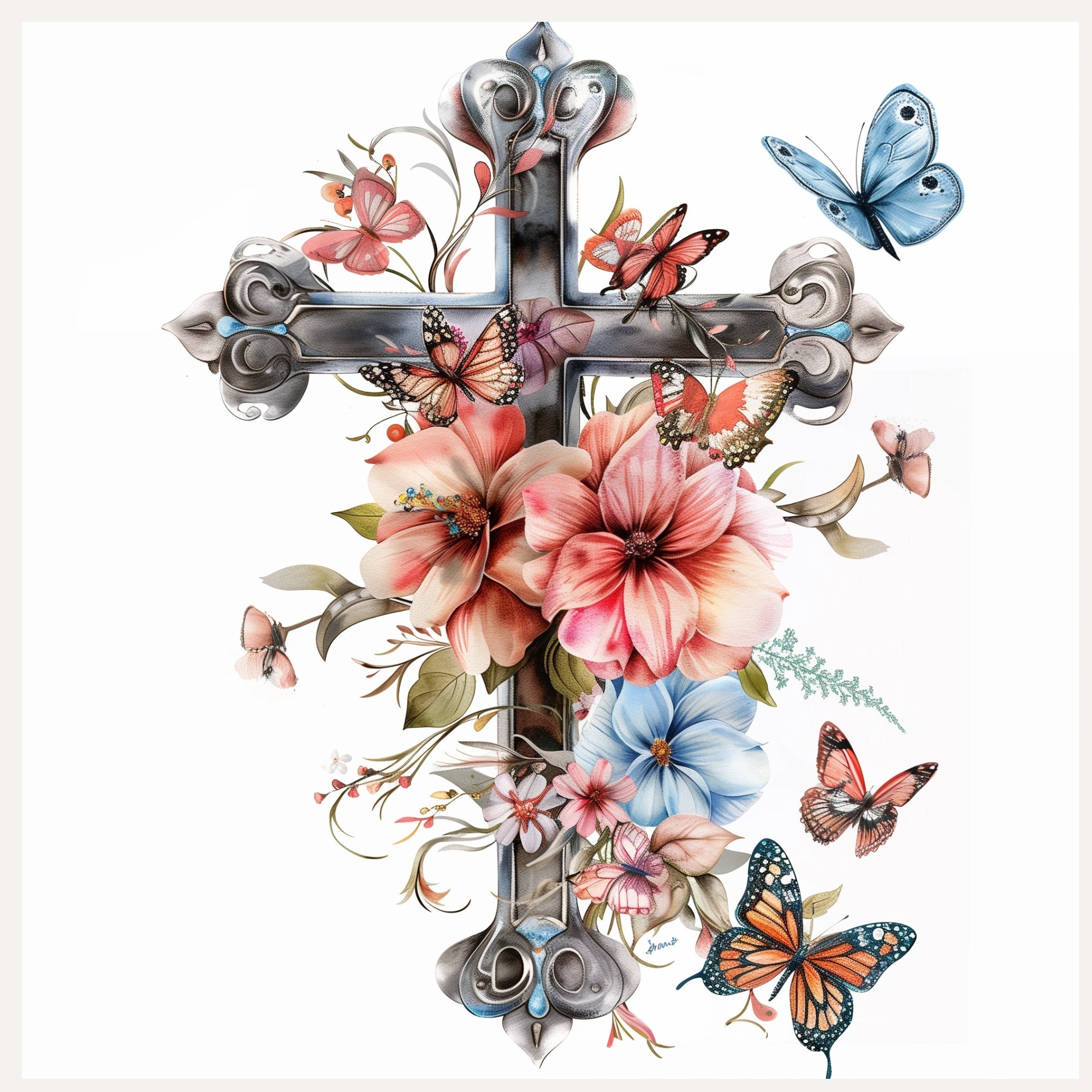 12 Butterflies With Cross Clipart, Spring Butterfly Print and Cross Set ...