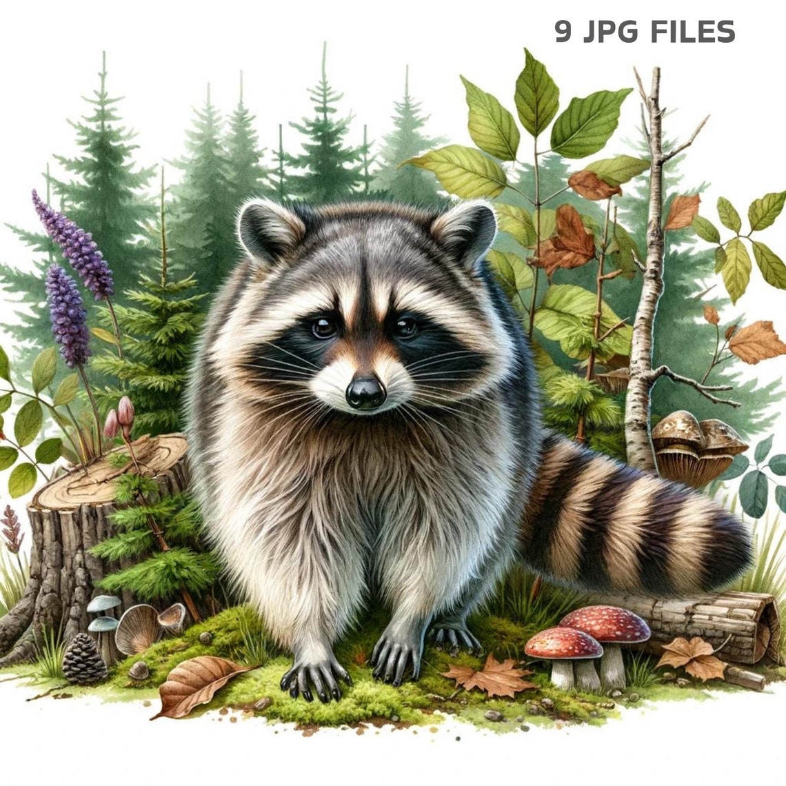 Raccoon in a Forest, Watercolor Animals, Instant Download, Woodland ...