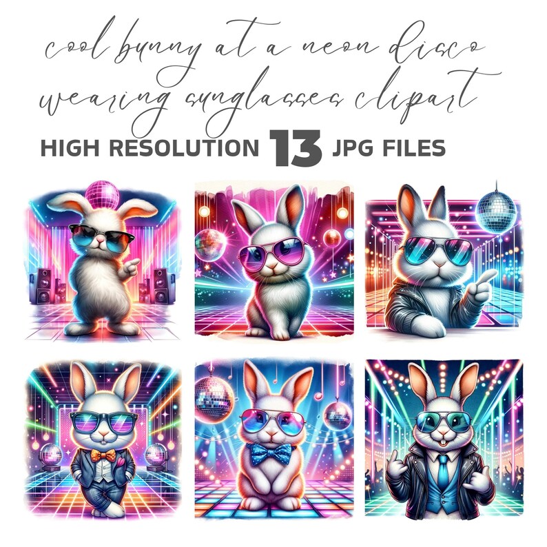 Neon Disco Bunny Watercolor Clipart Set, Digital Download for ...