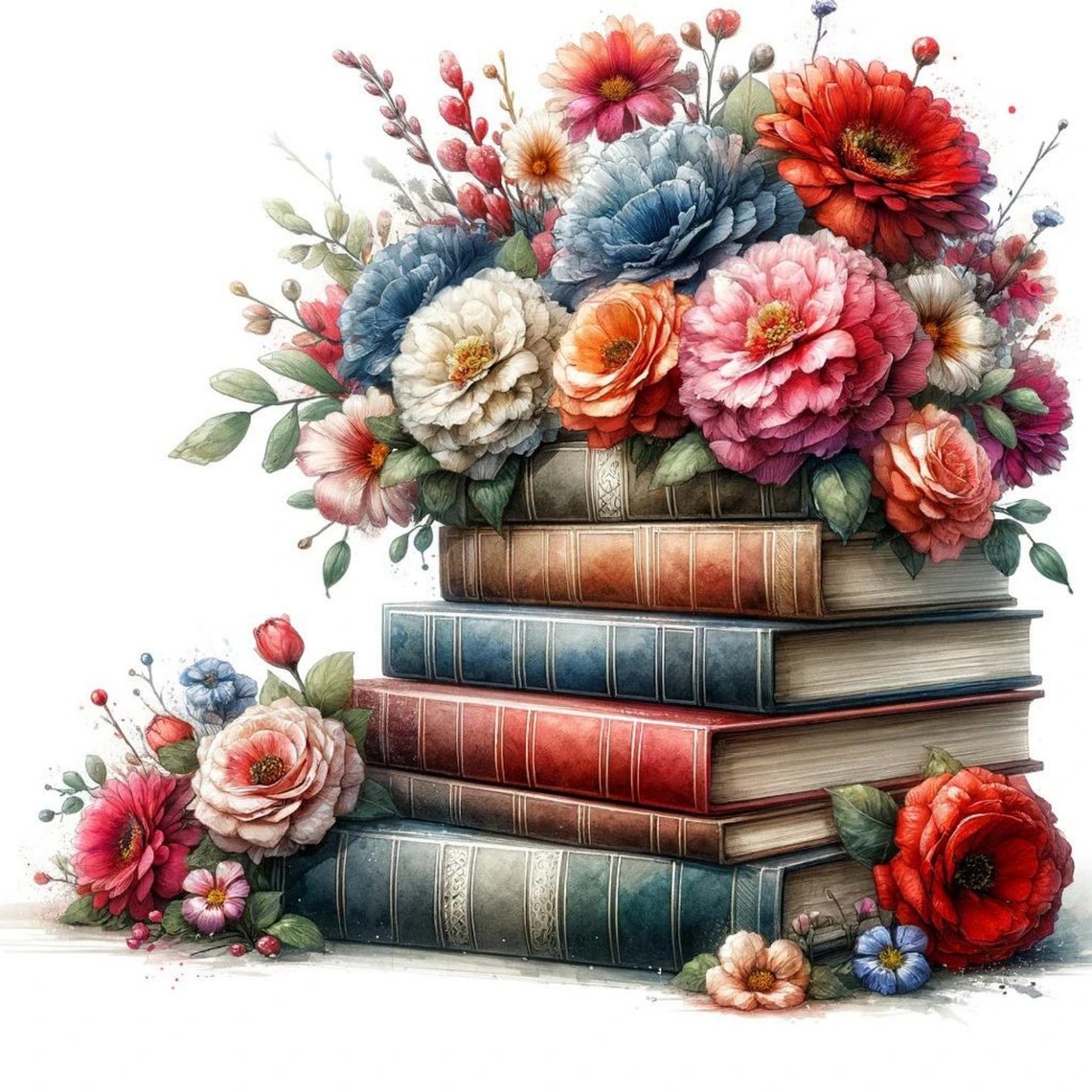 12 Flowers Clipart & Books Watercolor, Instant Download, Junk Journal ...