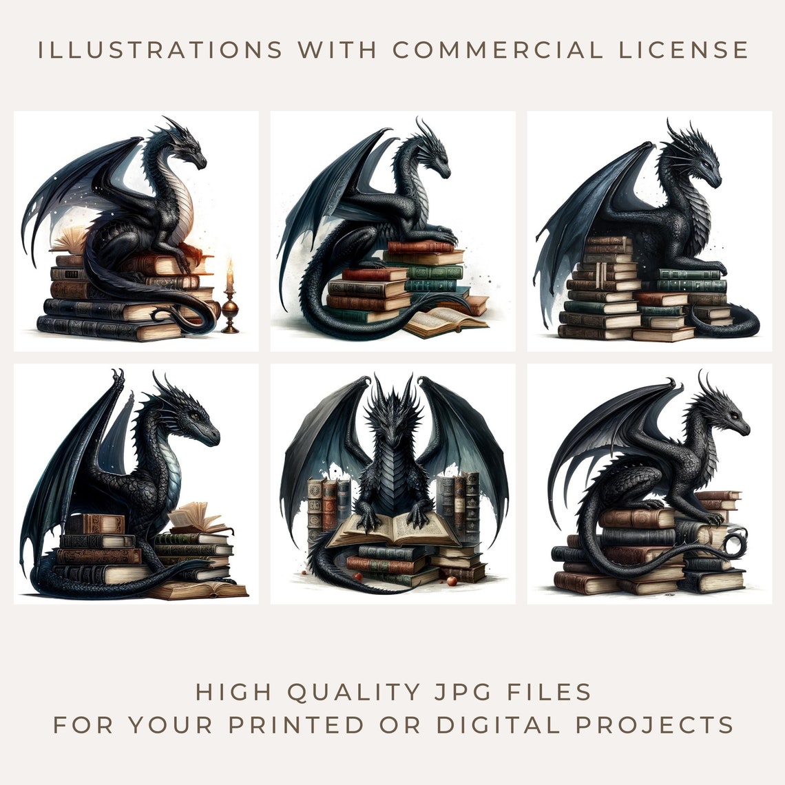 Black Dragon With Books Clipart, Fantasy Dragon Watercolor Clipart Set ...