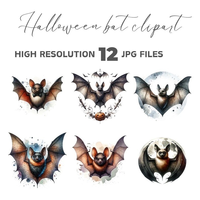 Vintage Watercolor Halloween Bat Clipart Bundle, Digital Crafting ...