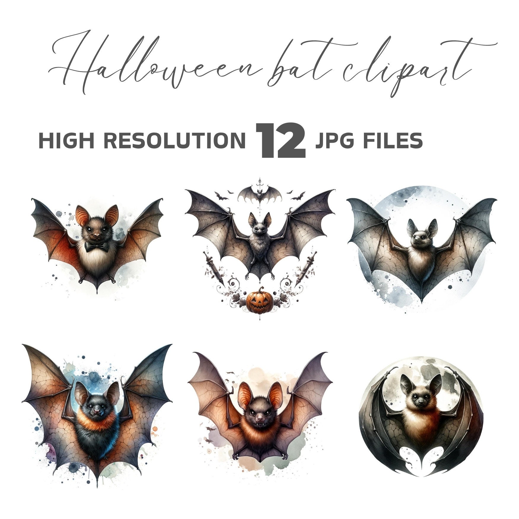 Vintage Watercolor Halloween Bat Clipart Bundle, Digital Crafting ...