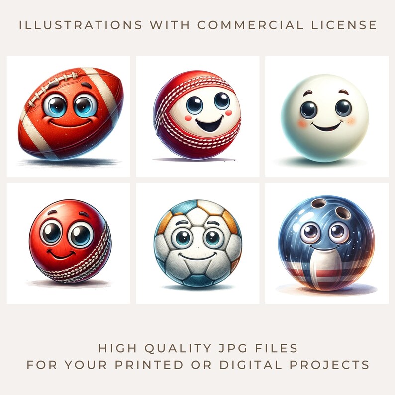 Funny Sports Balls Clipart Set, Digital Art Prints for DIY Projects ...