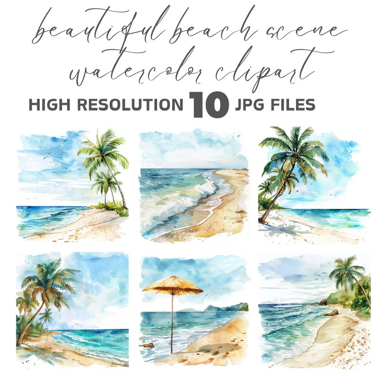 Beach Sunset Landscape Clipart, Digital Watercolor Wall Art for ...
