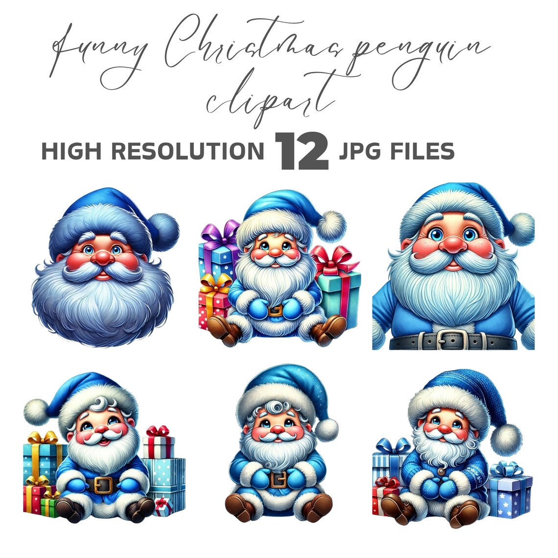 Blue Santa Claus Clipart Images, Christmas Watercolor Set, Digital ...