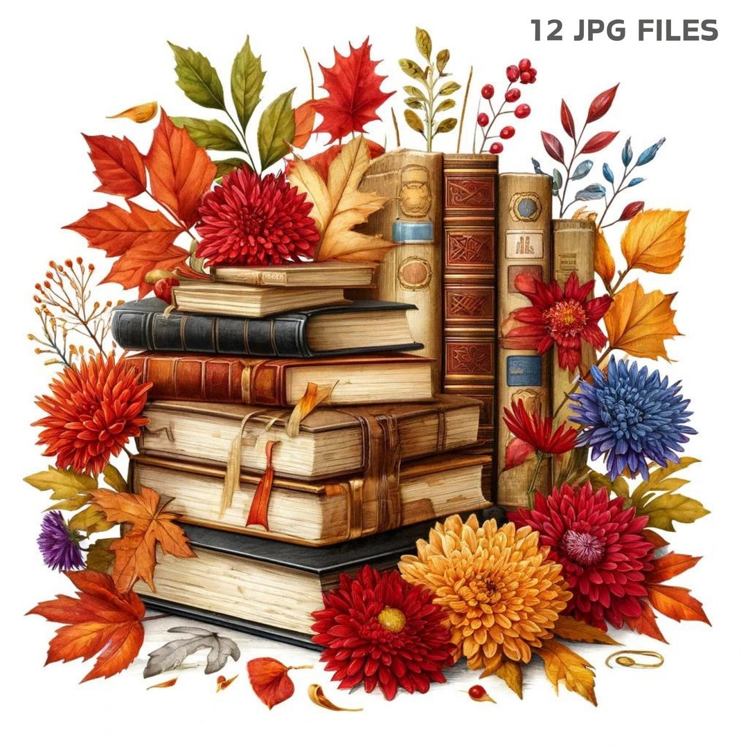 Books With Autumn Leaves and Flowers, Cozy Library Clipart Bundle ...