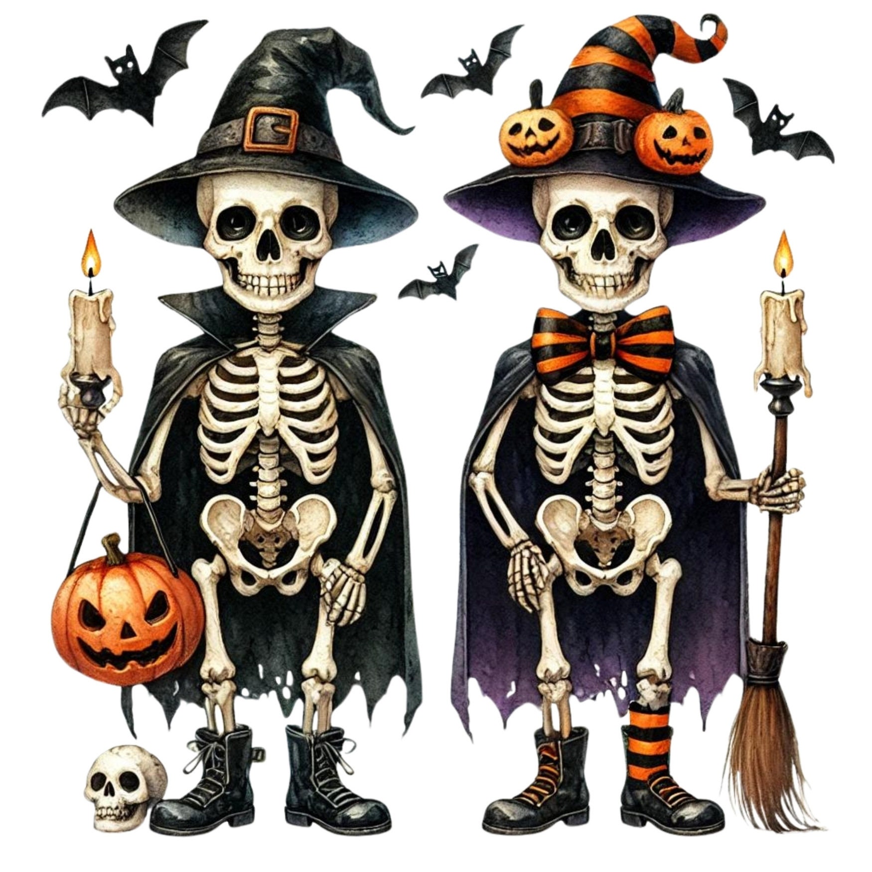 Halloween Skeleton Couple Clipart for Sublimation Design, Watercolor ...