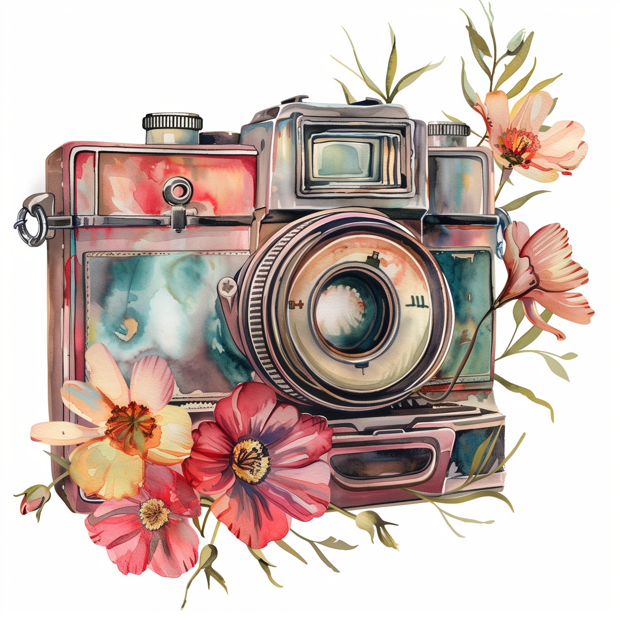 12 Vintage Camera Clip Art With Watercolor Flowers for Digital ...