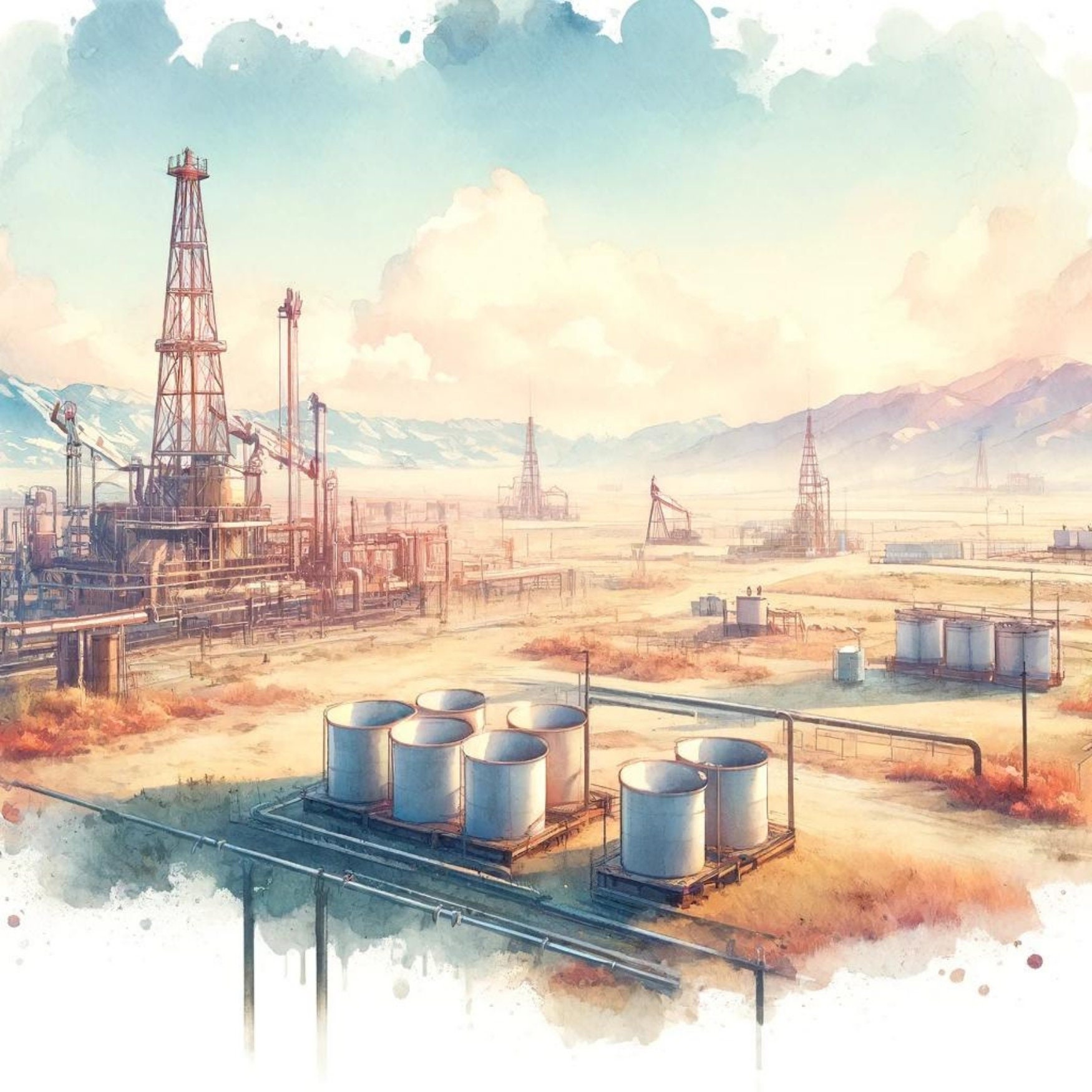 Watercolor Oilfield Landscape, Printable Artwork, Digital File, Oil Rig ...