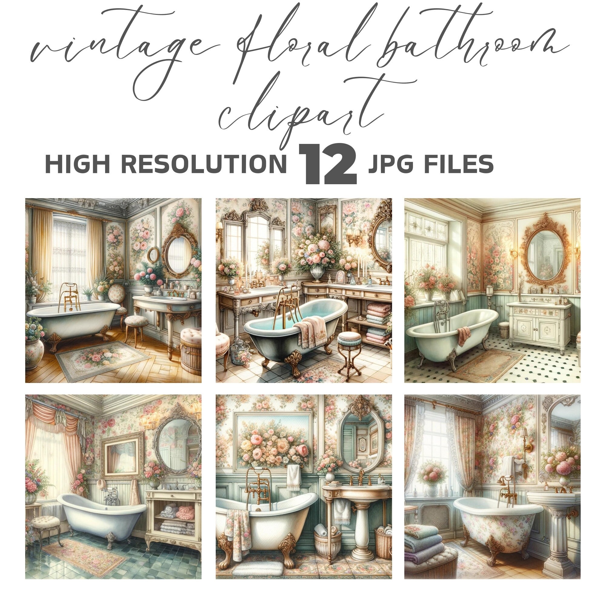 Vintage Floral Watercolor Bathroom Clipart, Digital Scrapbook JPG Files ...