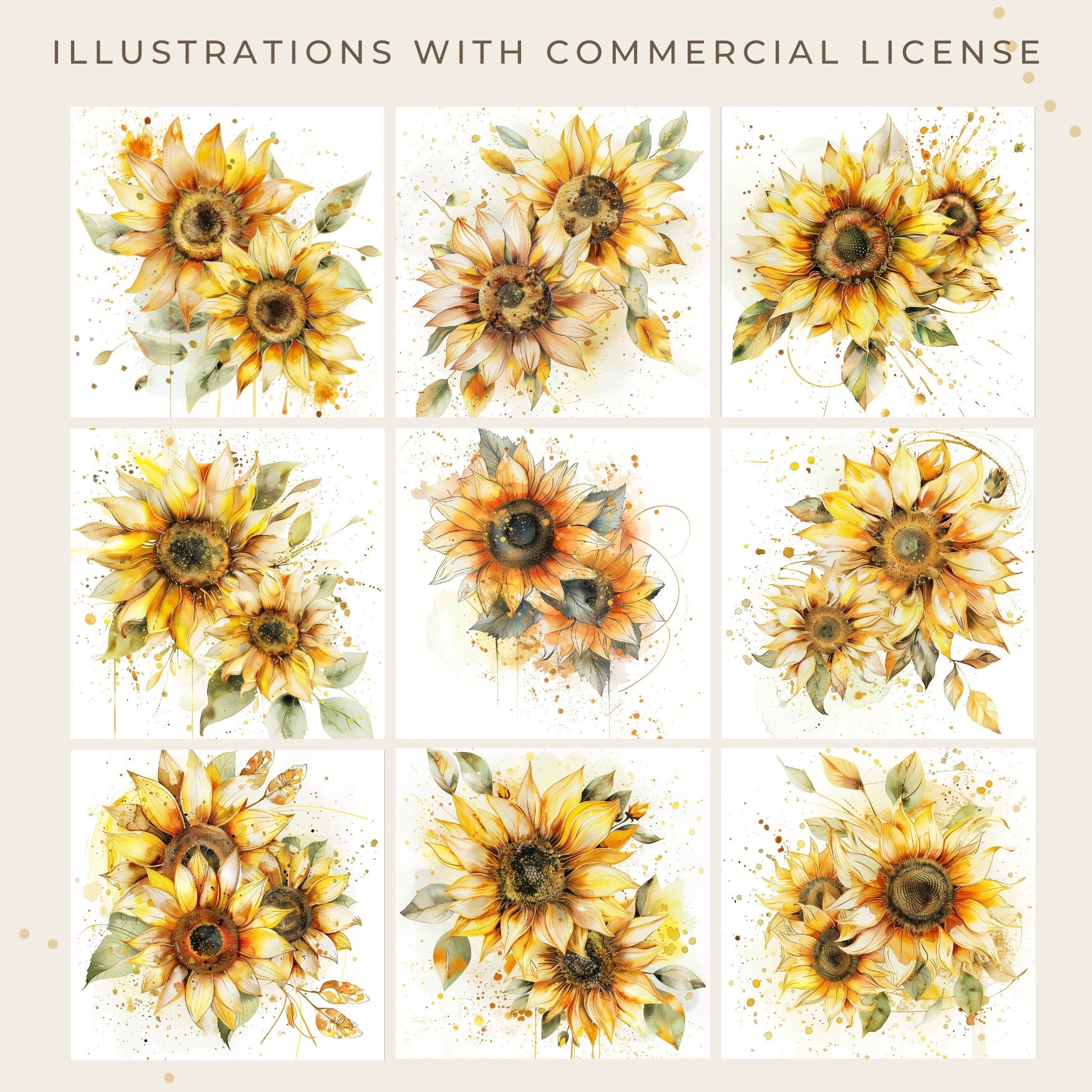 Sunflower Watercolor Clipart Set, Printable Ephemera for Shabby Chic ...