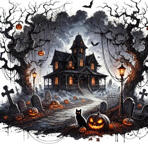 Gloomy Landscapes, Spooky Ghosts, Haunted Castles, Vintage Halloween Clipart, Eerie Digital ...