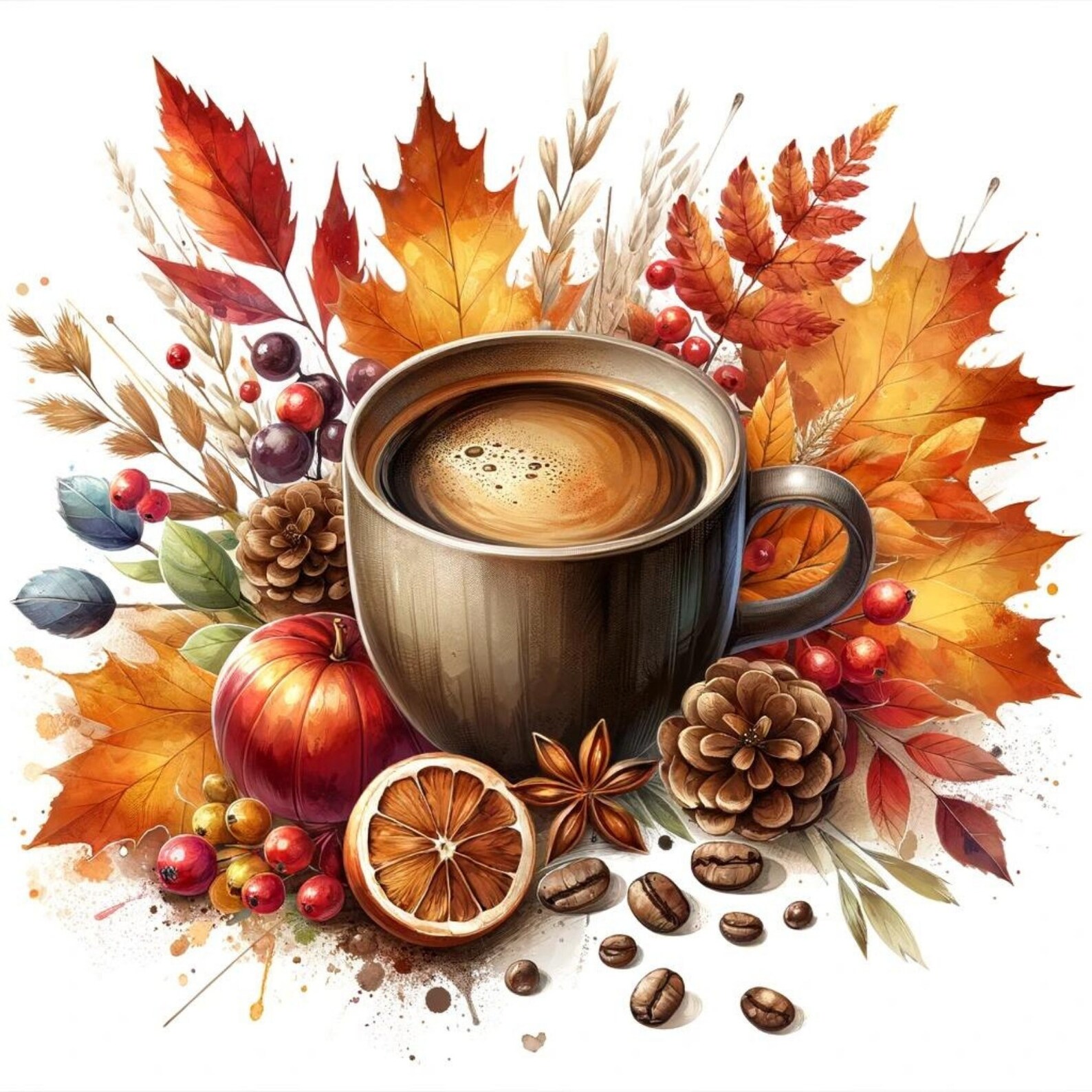 Autumn Coffee Clipart Bundle, Watercolor Fall Leaves, Coffee Mug ...