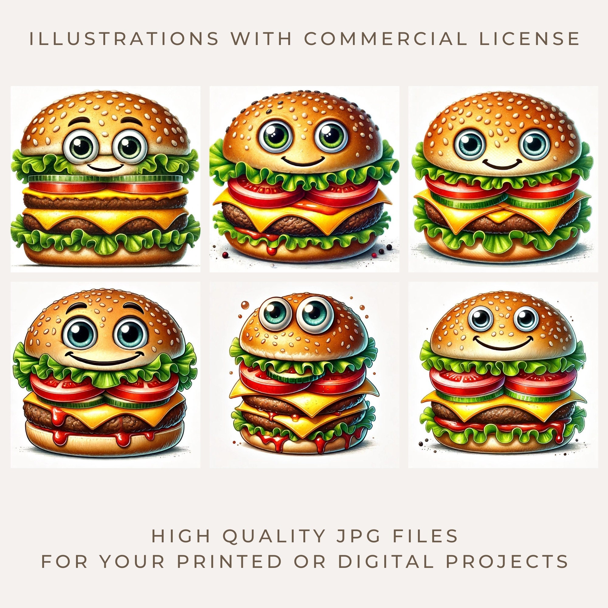 Funny Hamburger Icons, Digital Watercolor Food Clipart Bundle ...
