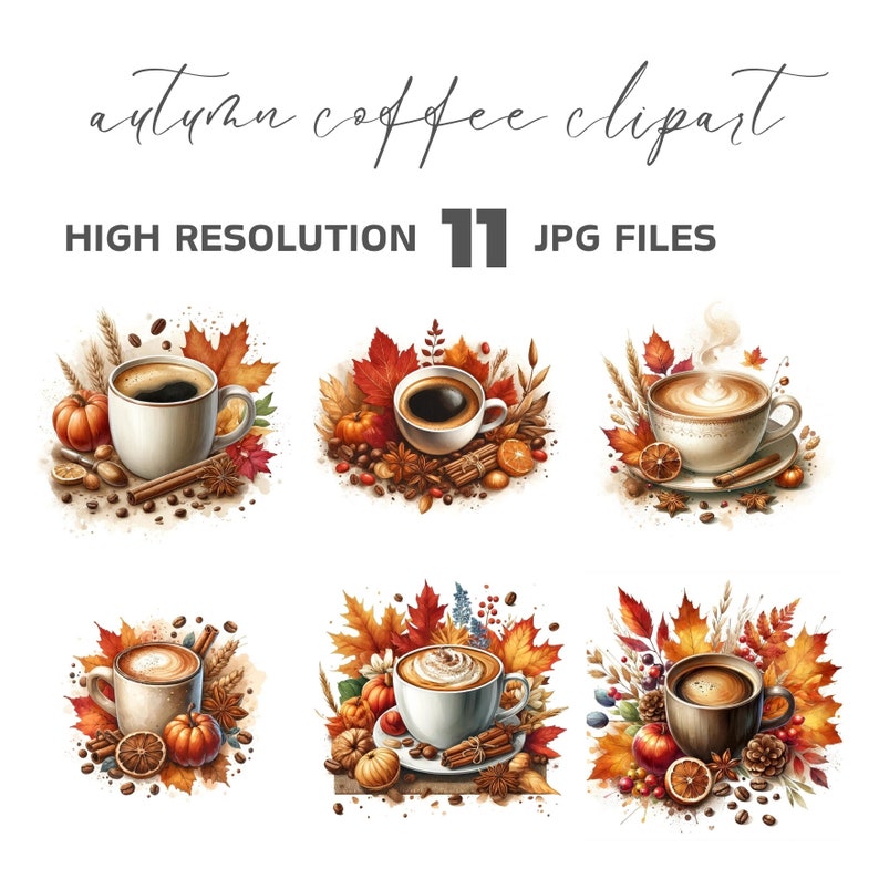 Autumn Coffee Clipart Bundle, Watercolor Fall Leaves, Coffee Mug ...