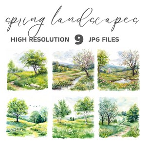 9 Watercolor Landscape Digital Clipart Bundle, Spring Clip Art ...