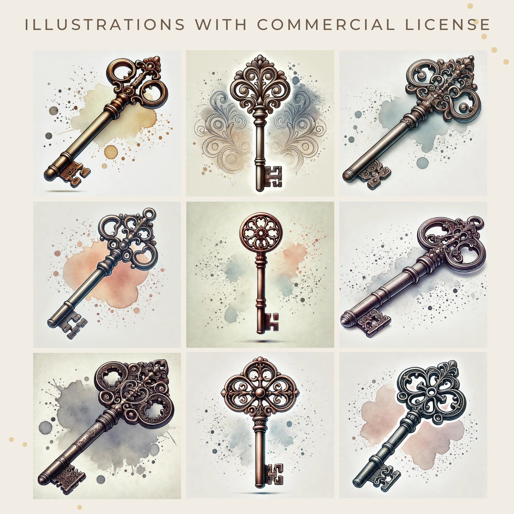Vintage Key Clipart Bundle, Watercolor Collage Images for Junk Journals ...