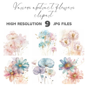 9 Various Abstract Flowers, Watercolor Clipart, Boho Flowers, Wall Art ...
