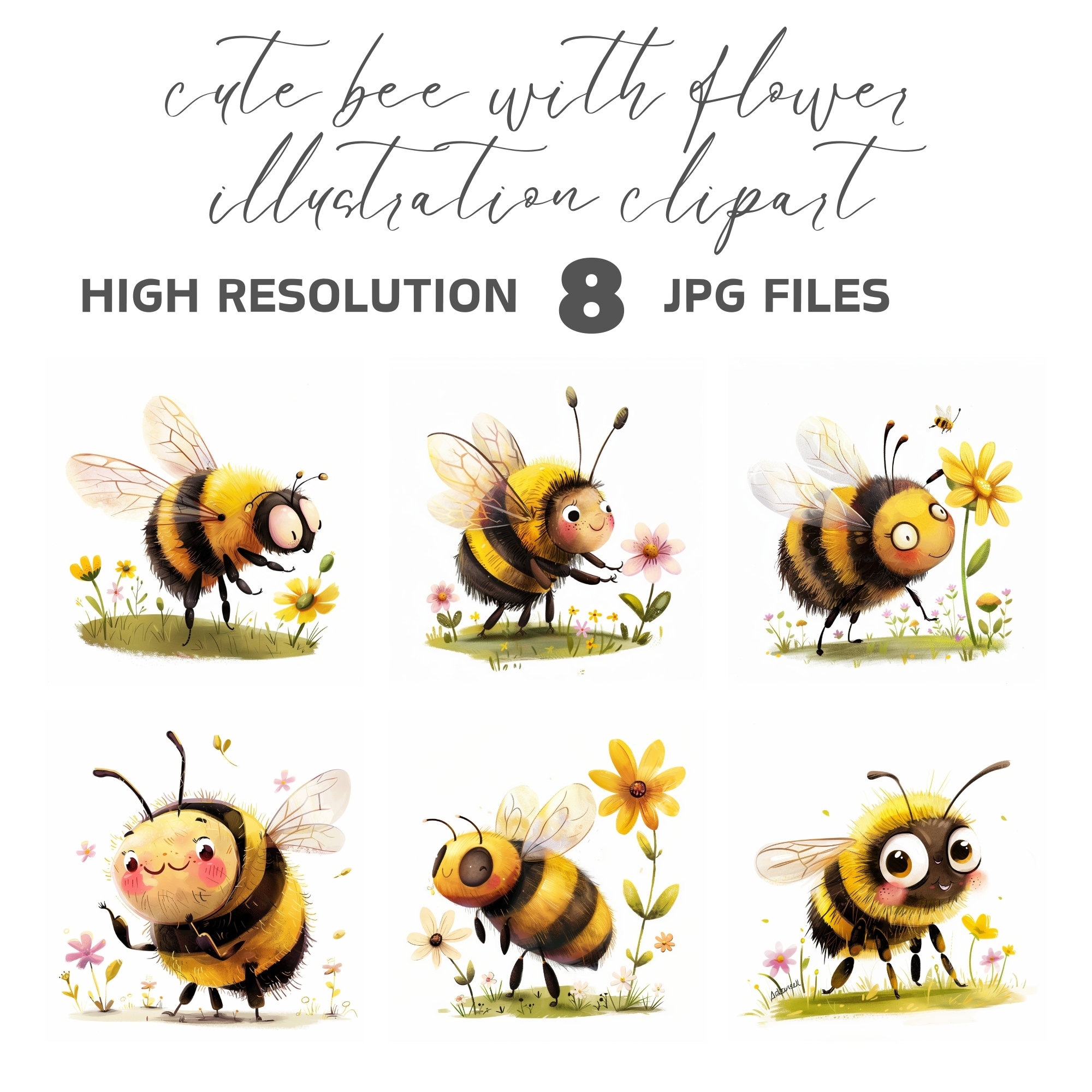 Cute Bee and Floral Clipart Set, Digital Crafting, Printable Watercolor ...