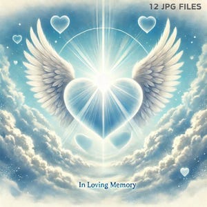 Serene Memorial Image With Heart-shaped Clouds & Angel Wings Watercolor ...