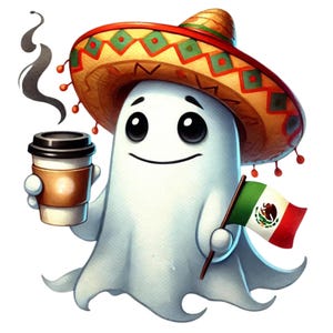 Funny Mexican Ghost With Coffee Cup Clipart, Cute Spanglish Ghost ...