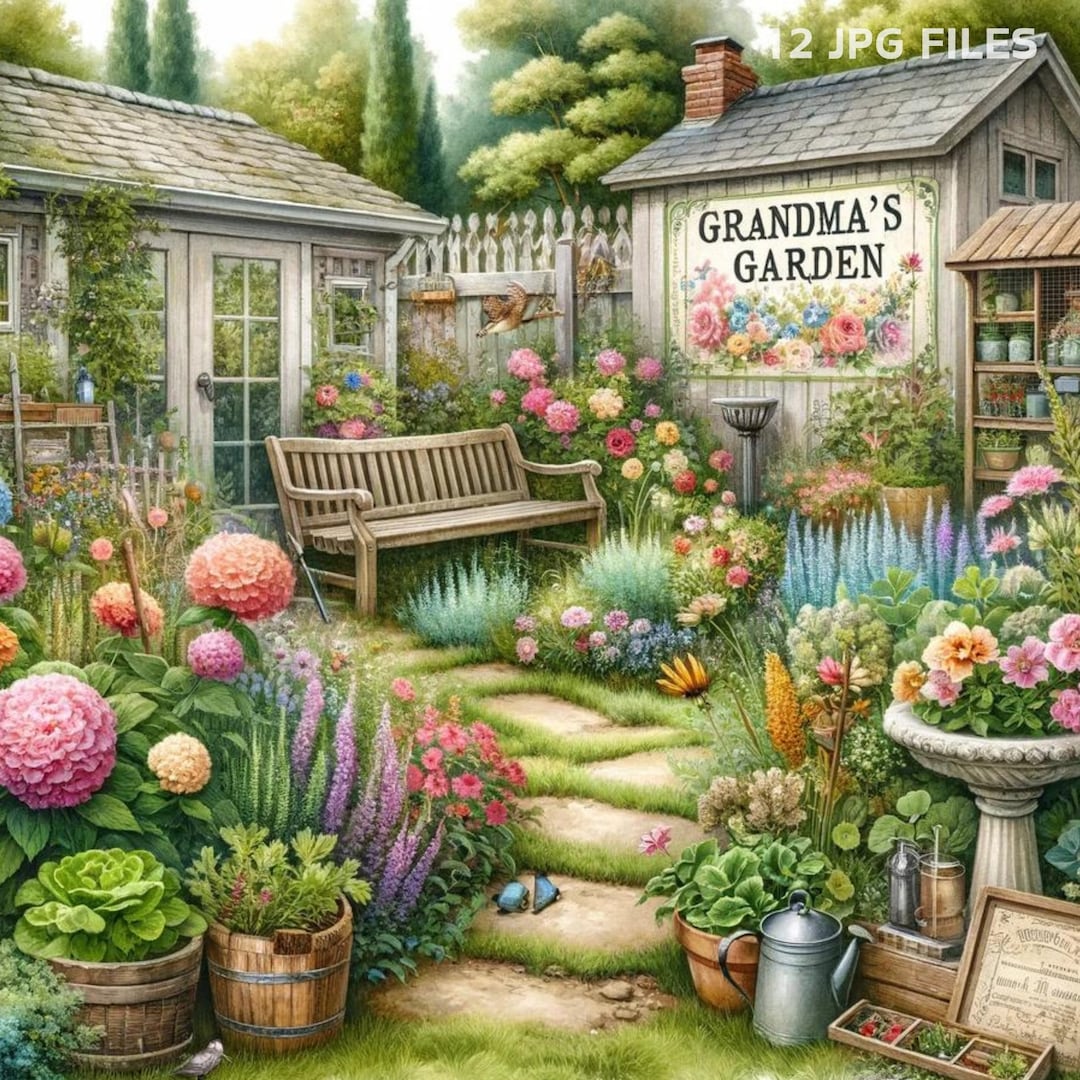 Grandmother's Garden Landscape Clipart Set, Country Digital Paper ...