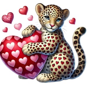 Leopard Valentine Clipart, Retro Love Watercolor JPG, Sweet Leopard ...