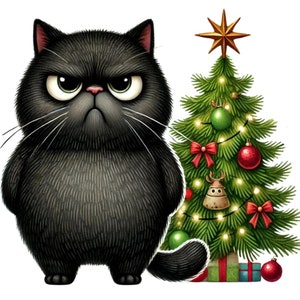 Grumpy Black Cat Christmas Clipart, Funny Design, Digital Download ...