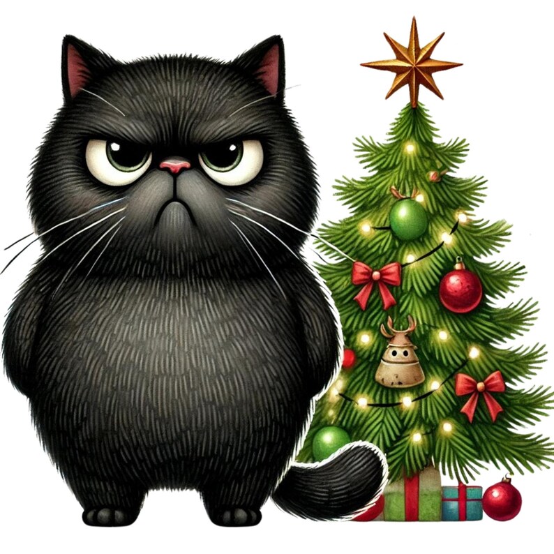 Grumpy Black Cat Christmas Clipart, Funny Design, Digital Download ...