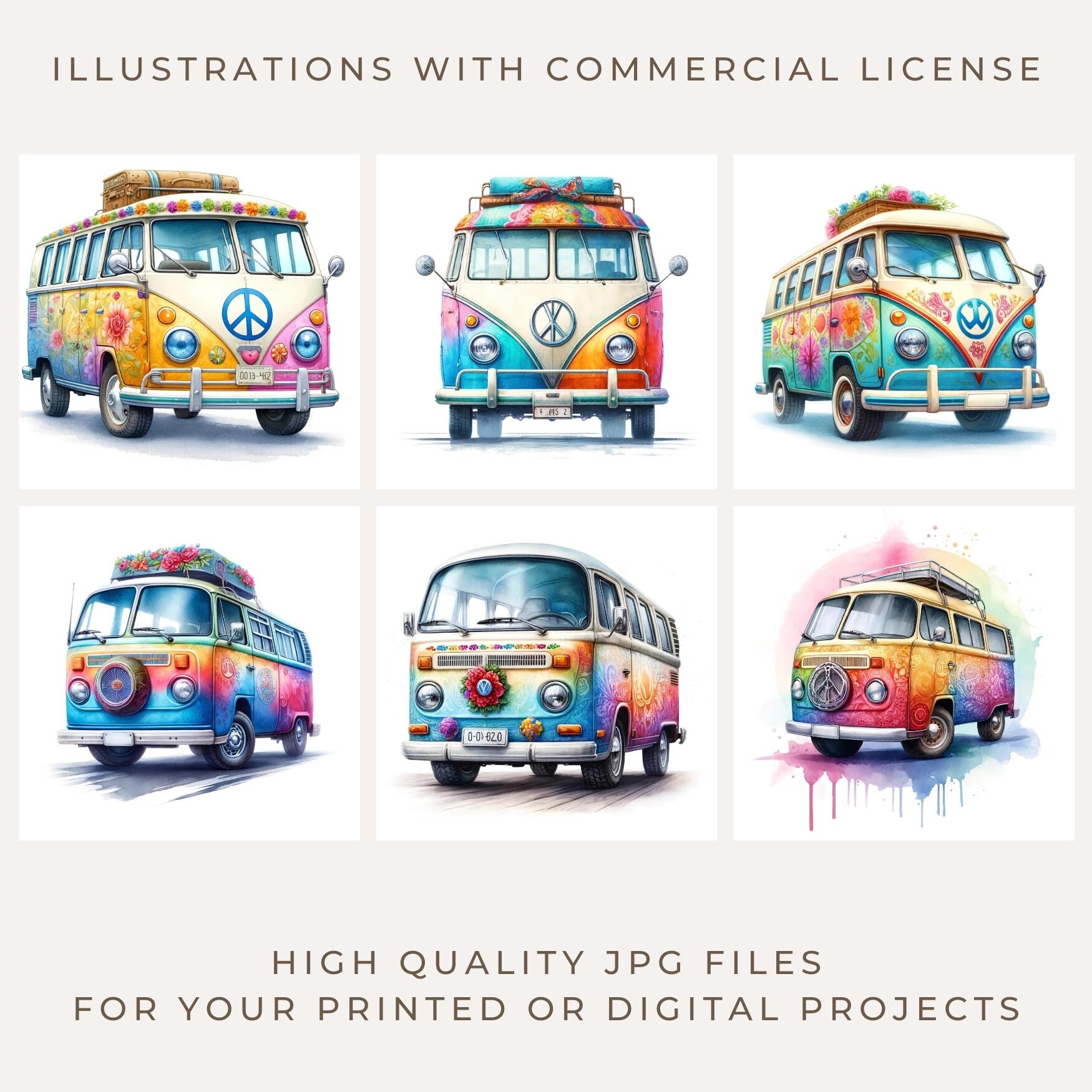 Vintage Hippie Van Watercolor Clipart for Digital Crafting and ...