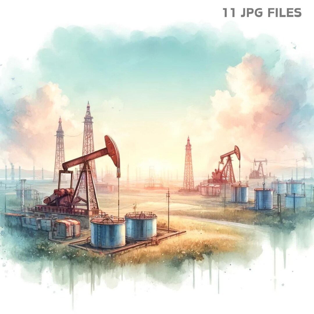 Watercolor Oilfield Landscape, Printable Artwork, Digital File, Oil Rig ...