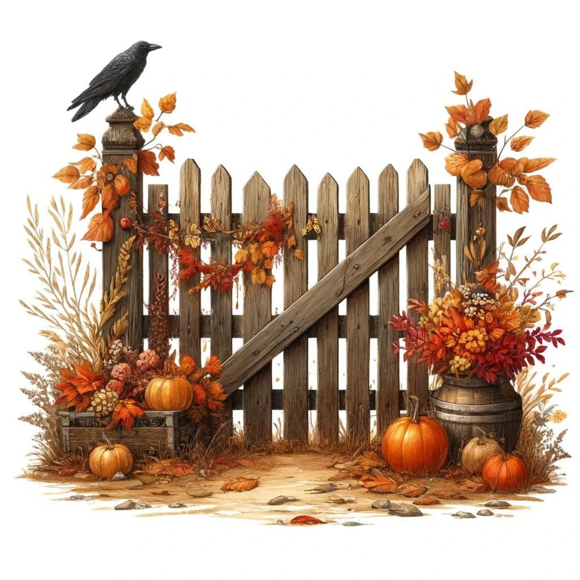 Autumn Garden Fence Watercolor Clipart Set, Digital Crafting, Fall ...